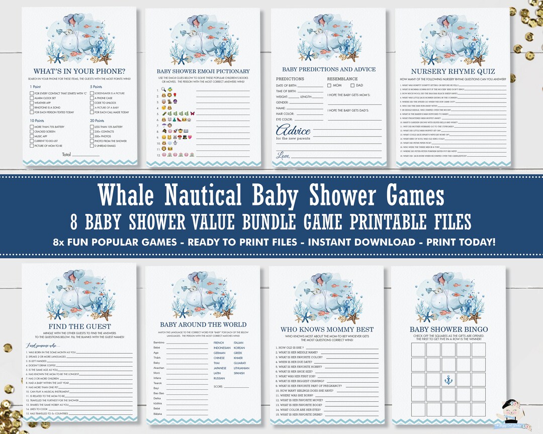 Nautical Whale Baby Shower Game Bundle INSTANT DOWNLOAD Bingo Advice ...