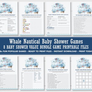 Nautical Whale Baby Shower Game Bundle INSTANT DOWNLOAD Bingo Advice ...