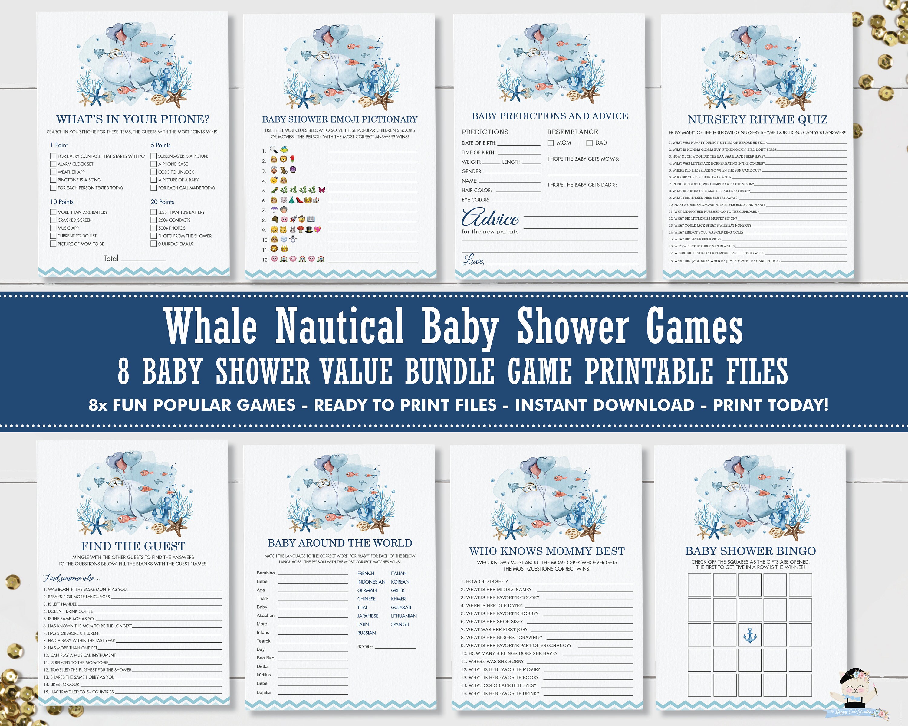 Nautical Whale Baby Shower Game Bundle INSTANT DOWNLOAD Bingo Advice ...