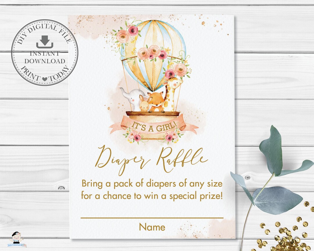 Hot Air Balloon Diaper Raffle Card, Vintage Pink Blush Floral, Jungle ...