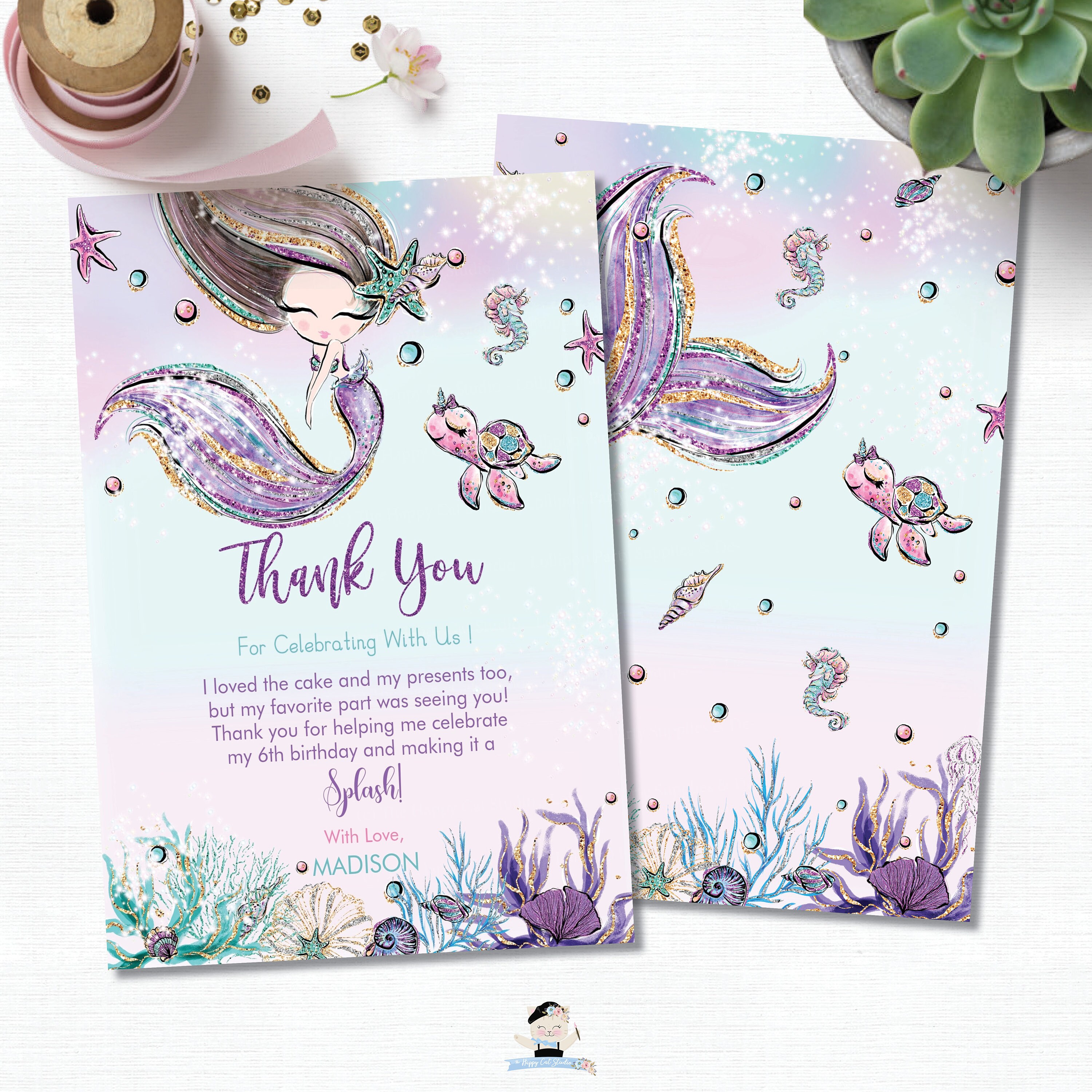 Mermaid Thank You Note Card Instant Download, Whimsical Mermaid ...
