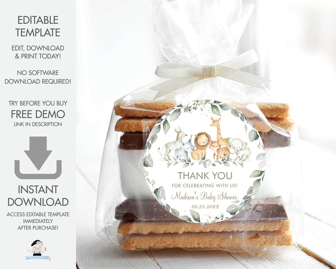 EDITABLE TEMPLATE Jungle Animals 2" Circle Tags, Greenery Thank You ...