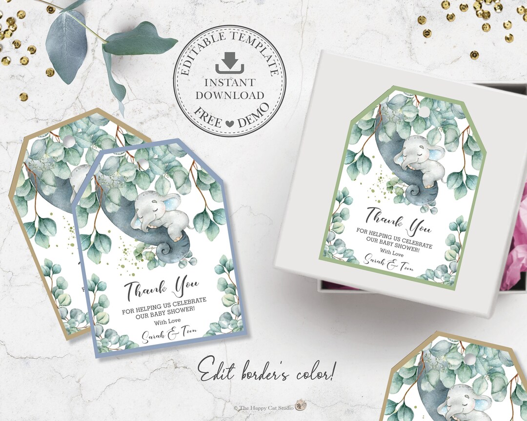 EDITABLE TEMPLATE Elephantthank You Tags, Favors, Jungle Greenery Swing ...