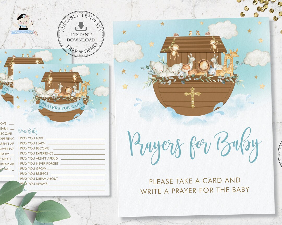 Noah's Ark Prayers for Baby Sign & Message Card EDITABLE TEMPLATE Blue ...