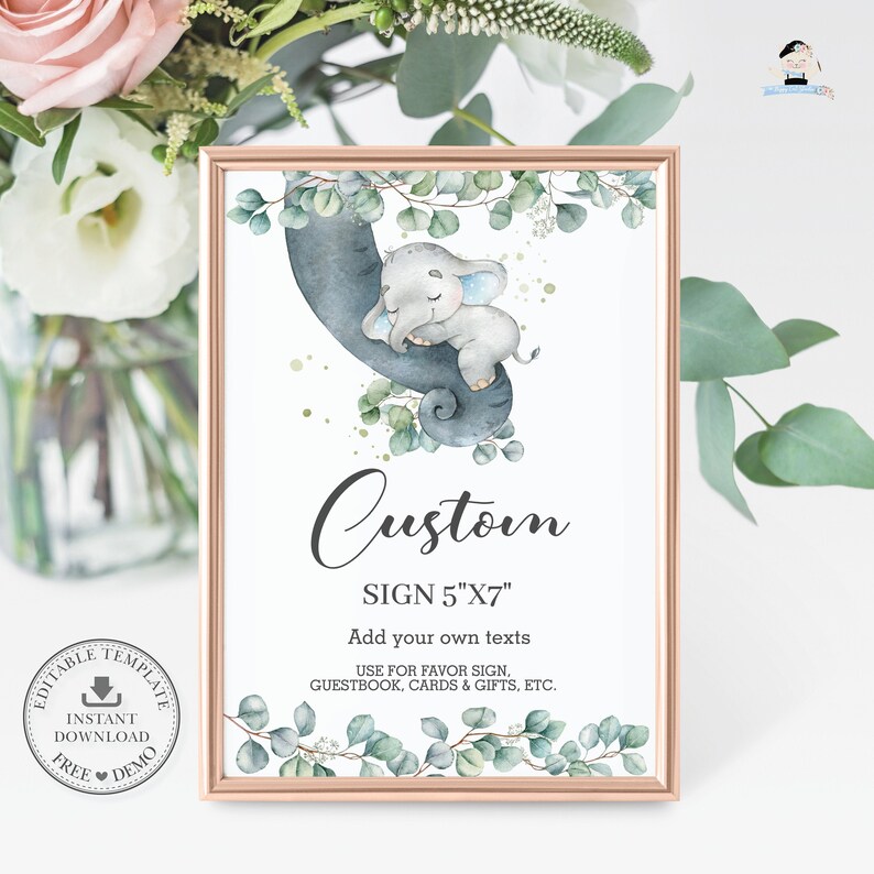 Elephant Custom Table Top Sign 5"x7", EDITABLE TEMPLATE, Eucalyptus ...