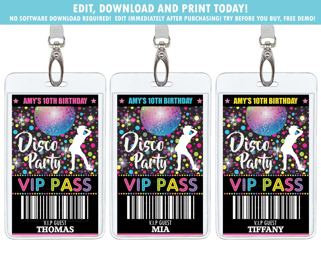 Disco Party VIP Pass, Dance Party Backstage Pass Badge, Girl Disco ...