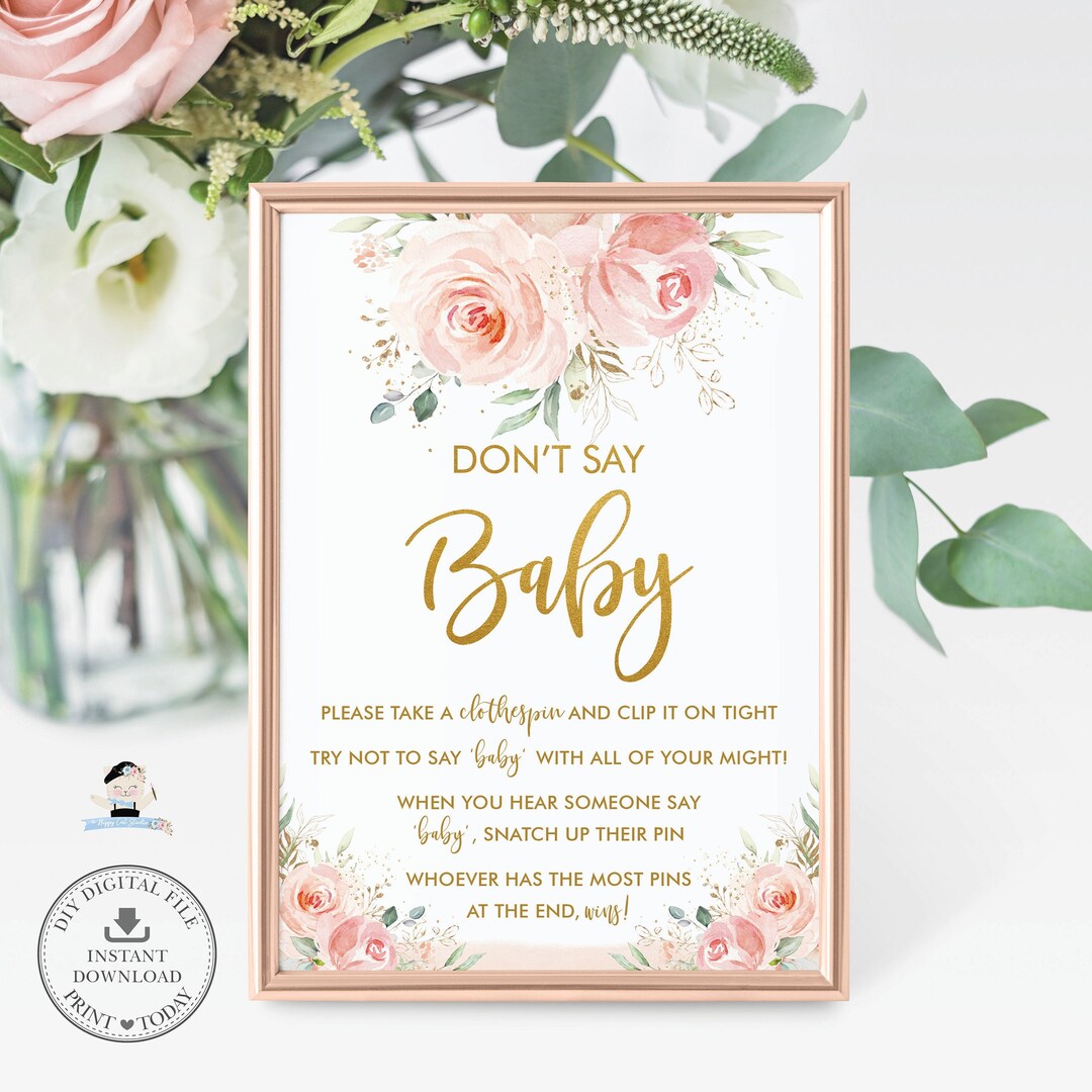 Don't Say Baby Game Sign Printable Chic Elegant Blush Pink Floral Roses ...