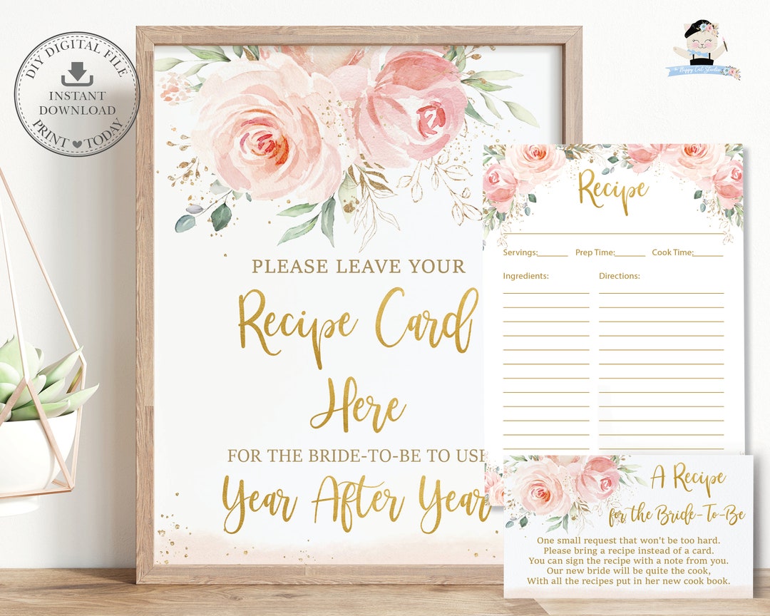 Bring Recipe for Bride Request Cards Sign Bridal Shower Elegant Pink ...
