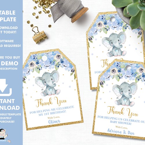 EDITABLE Elephant Baby Shower Favor Tags Blue Thank You Tags - Etsy