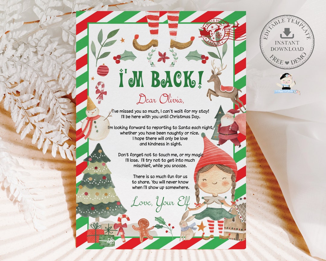 EDITABLE Girl Elf Arrival Letter Return Hello I'm Back Welcome ...