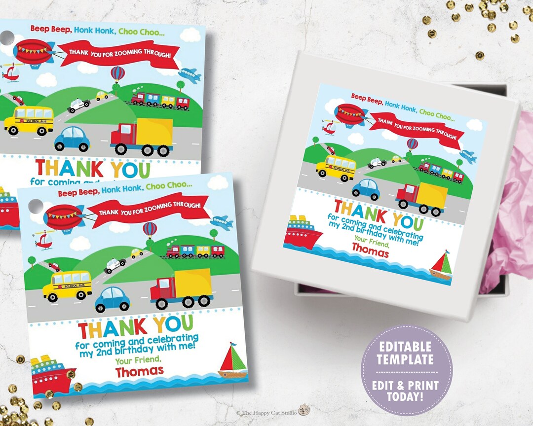 EDITABLE Transportation Birthday Favor Tags, Favour Stickers, Thank You ...