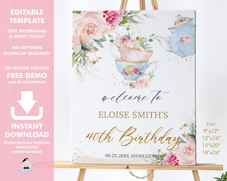 EDITABLE Chic Blush Floral High Tea Party Welcome Sign Royal Bridal ...