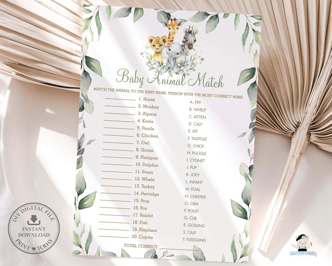 Baby Animal Match Game, INSTANT DOWNLOAD, Greenery Jungle Animals ...