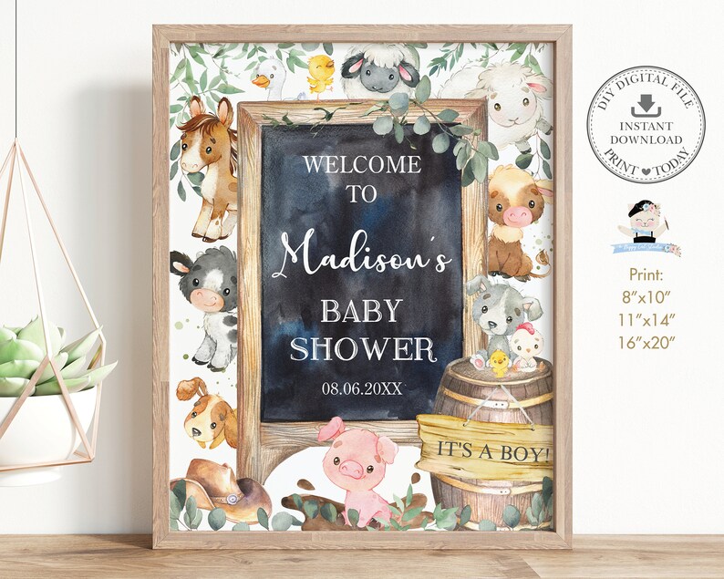 Cute Farm Animals Greenery Welcome Sign, EDITABLE TEMPLATE, INSTANT ...