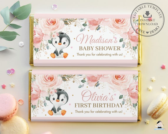 Cute Penguin Blush Floral Chocolate Bar Wrappers EDITABLE TEMPLATE ...