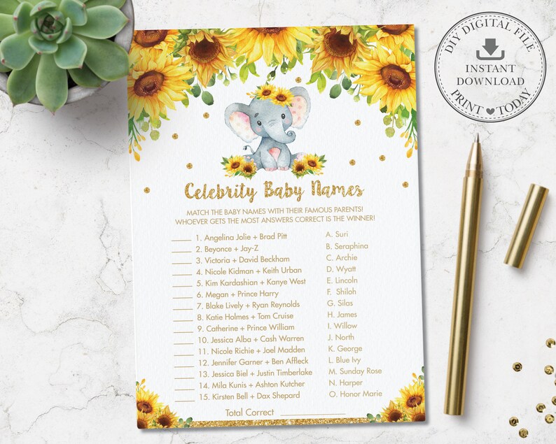 Fun Celebrity Baby Names Game, INSTANT DOWNLOAD, Rustic Chic Floral ...