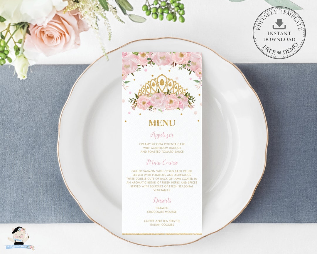 Blush Pink Floral Tiara Menu Printable, Princess Crown Baby Girl Bridal ...
