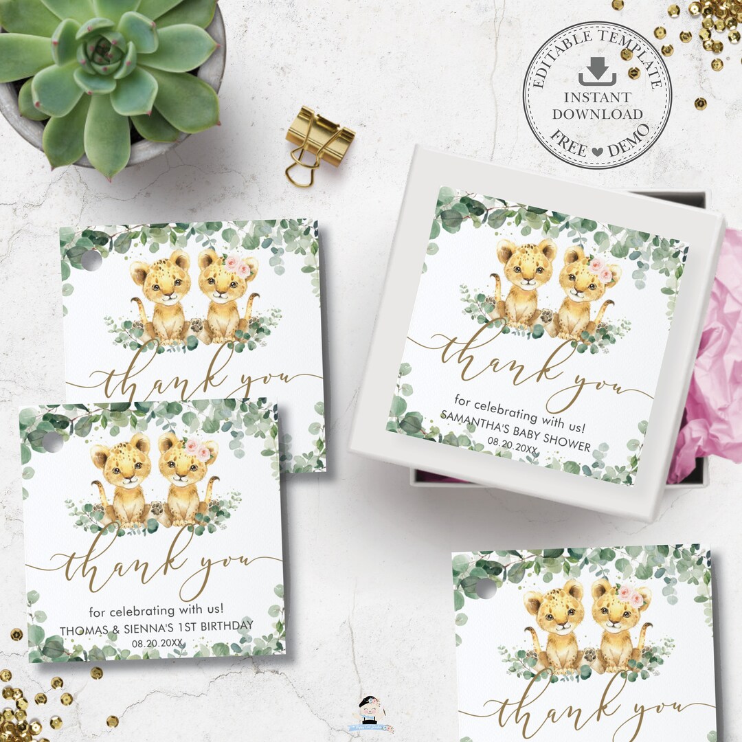 Greenery Twins Boy Girl Lion Cubs Thank You Favor Tags Printable ...