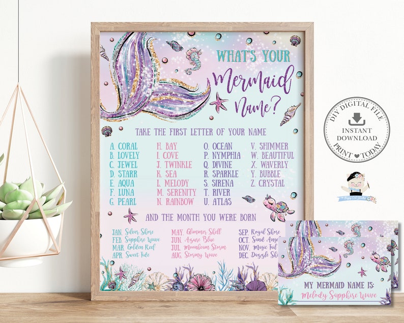 What's Your Mermaid Name Game Sign Name Card Printable INSTANT DOWNLOAD ...