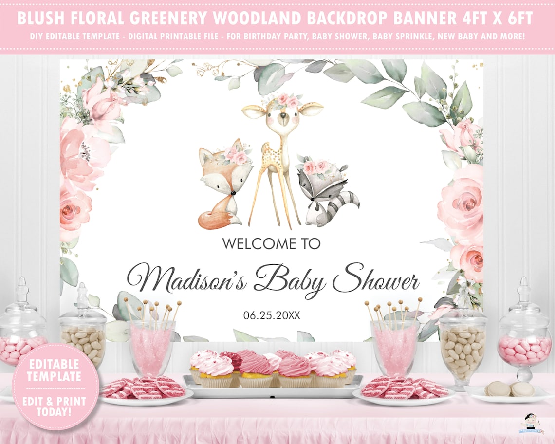 Woodland Backdrop Banner EDITABLE TEMPLATE Pink Floral - Etsy