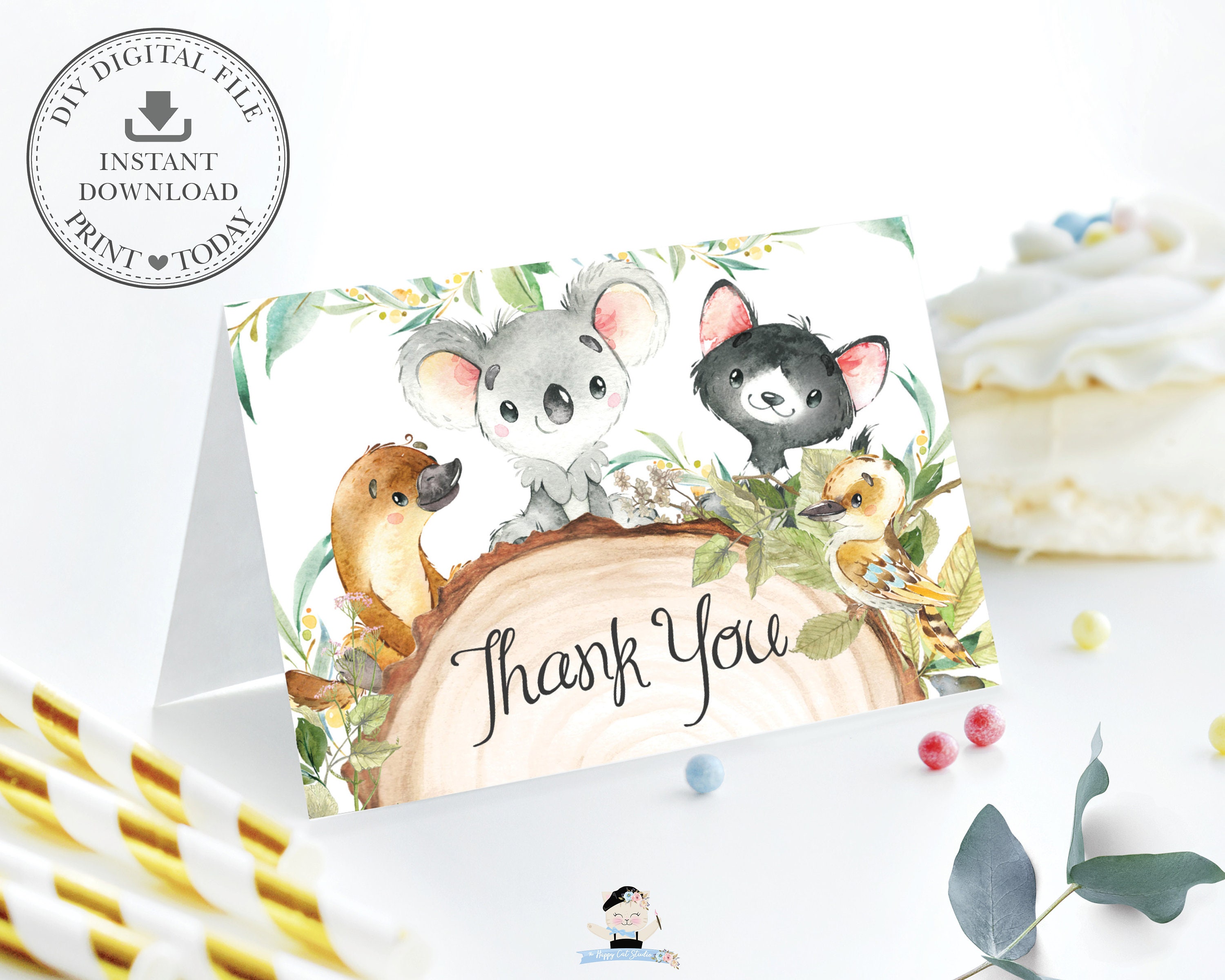 Australian Animals Wood Greenery Folded Tent Thank You Card INSTANT DOWNLOAD, Cute Koala ...