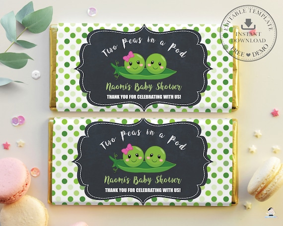 EDITABLE Template, Twins Two Peas in a Pod Baby Shower Chocolate Bar Wrappers, Twin Boy Girl ...