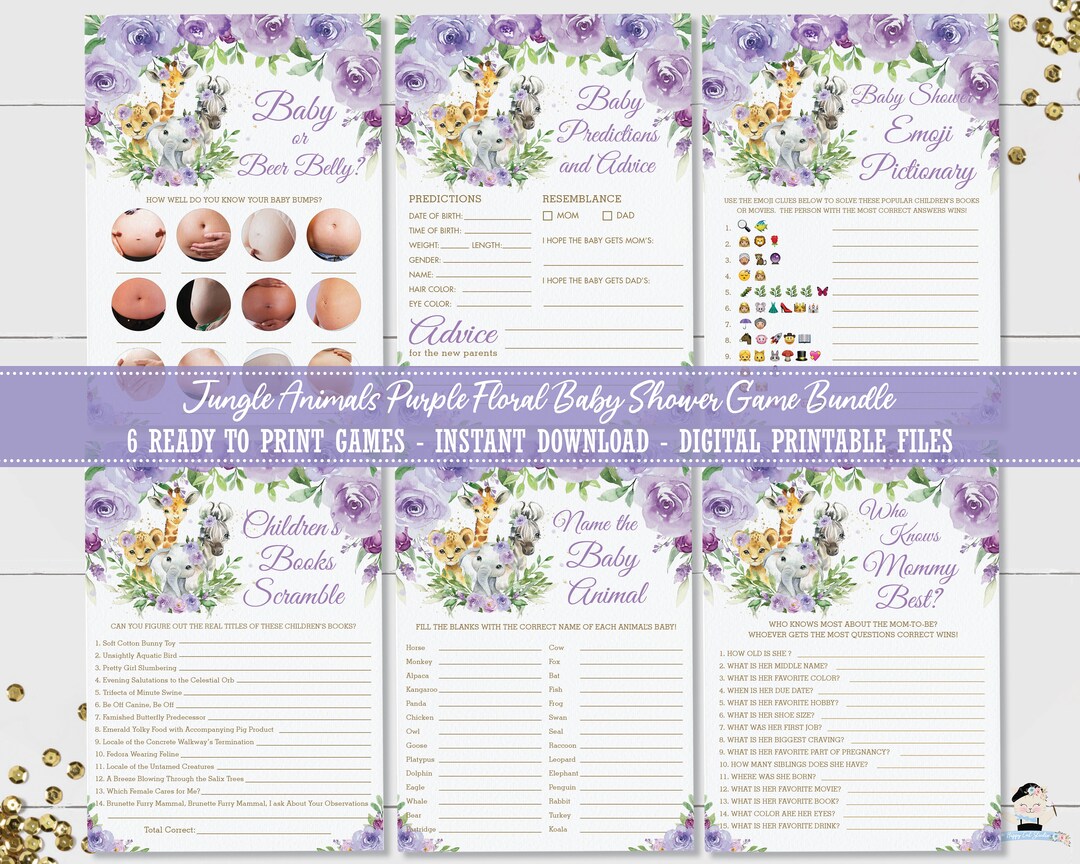 Jungle Animals Purple Floral Baby Shower Game Bundle, Baby Predictions ...