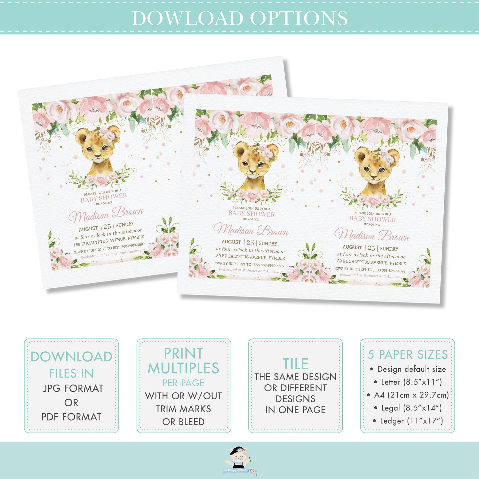 EDITABLE TEMPLATE Cute Lion Cub Blush Pink Floral Baby Shower Jungle ...