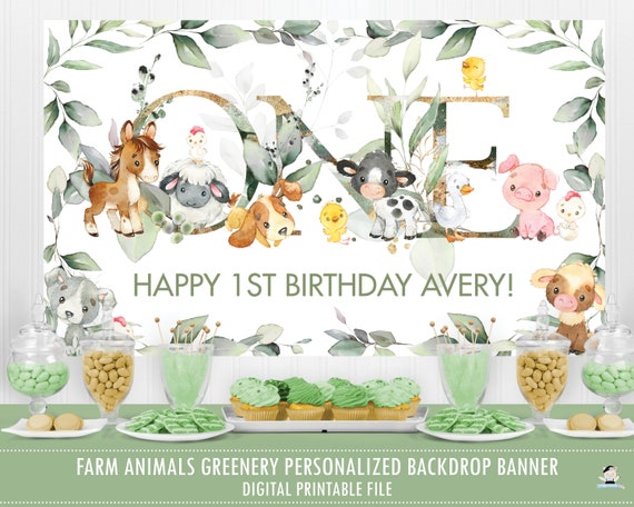 Farm Animals 1st Birthday Party ONE Backdrop Banner, Barnyard Cow Horse ...
