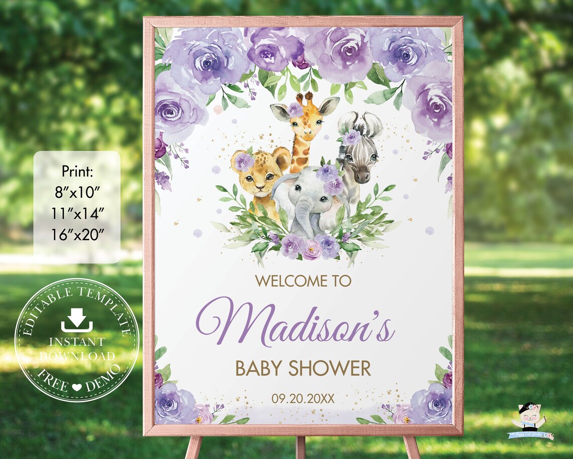 Jungle Animals Welcome Sign EDITABLE TEMPLATE Diy Purple - Etsy
