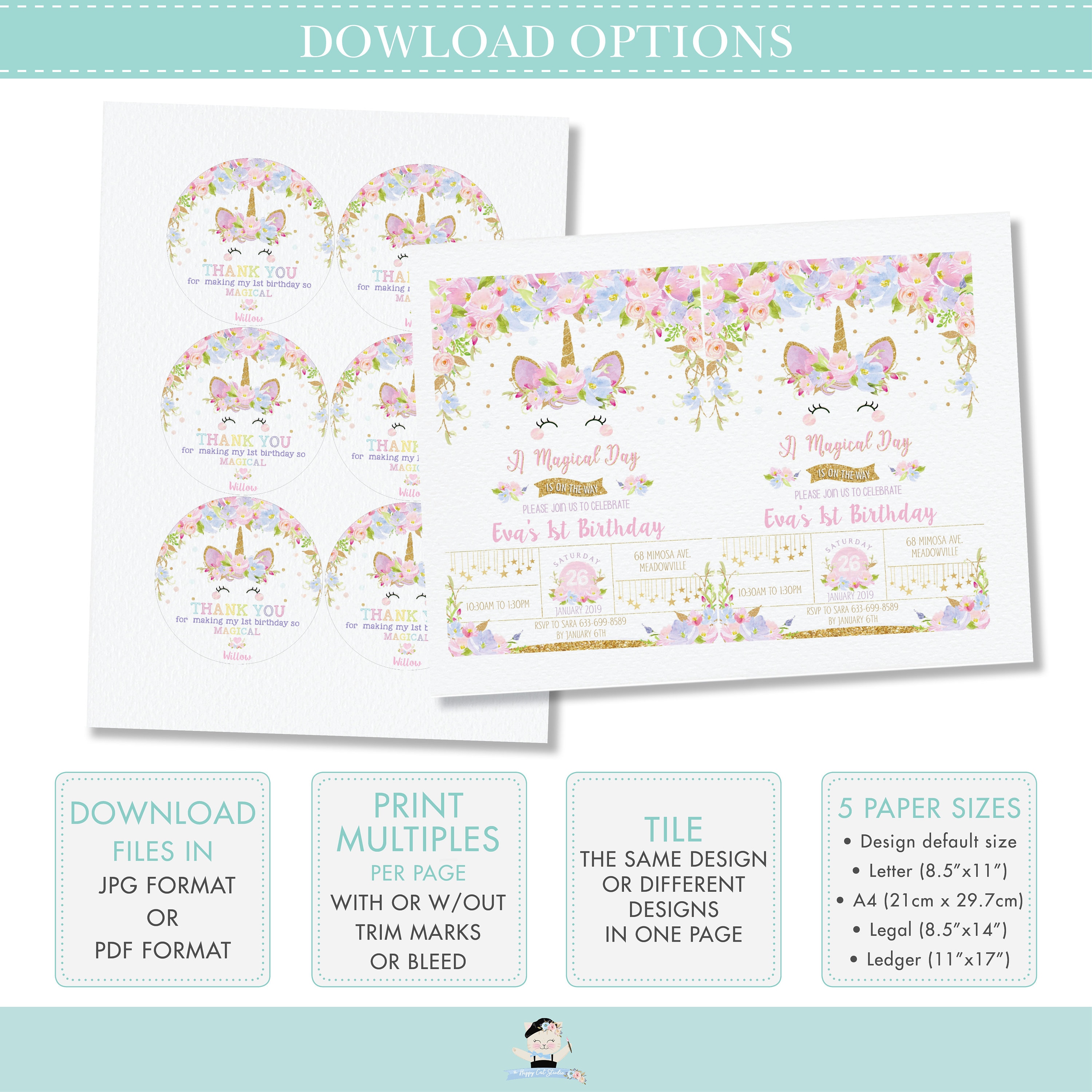 Unicorn Invitation EDITABLE TEMPLATE, Cute Unicorn Pink Blue Floral ...
