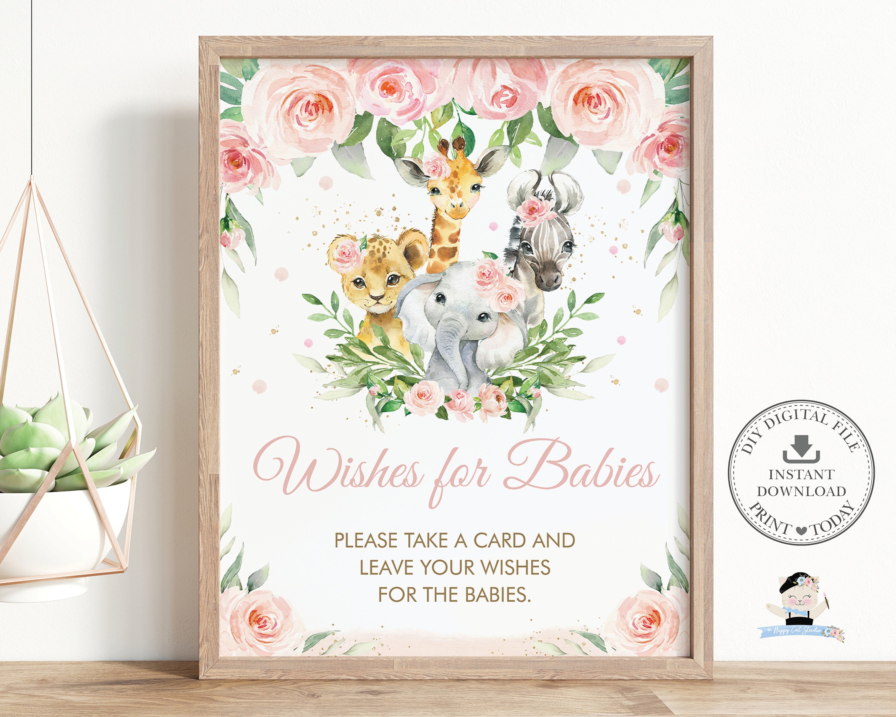 Jungle Animals Wishes for Babies Card and Sign, Pink Floral Greenery ...