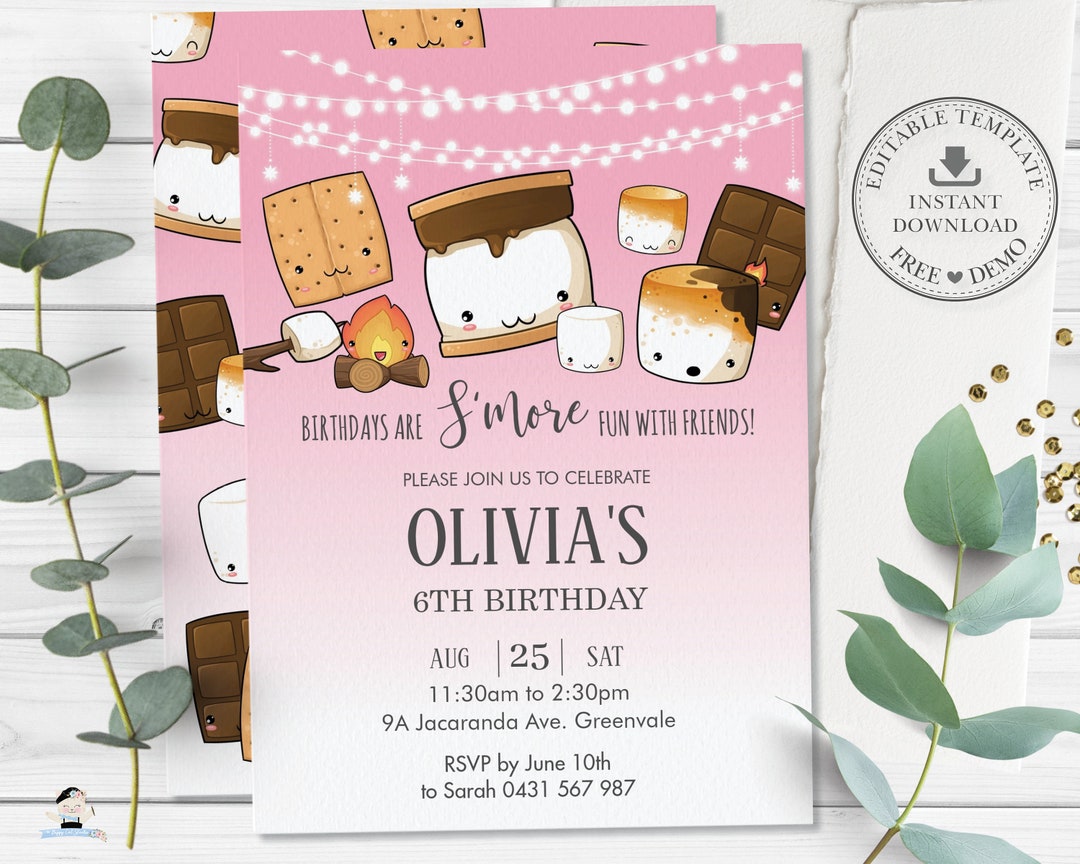 S'mores Invitation, EDITABLE TEMPLATE, Cute Kawaii Smore Birthday Party ...