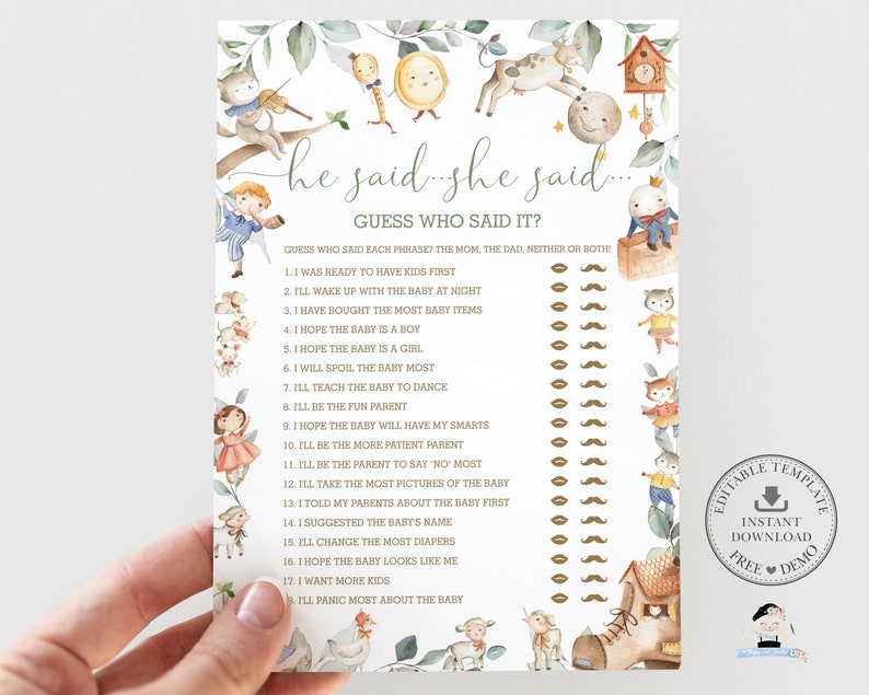 EDITABLE TEMPLATE, He Said She Said Game, Mommy or Daddy Nursery Rhyme ...