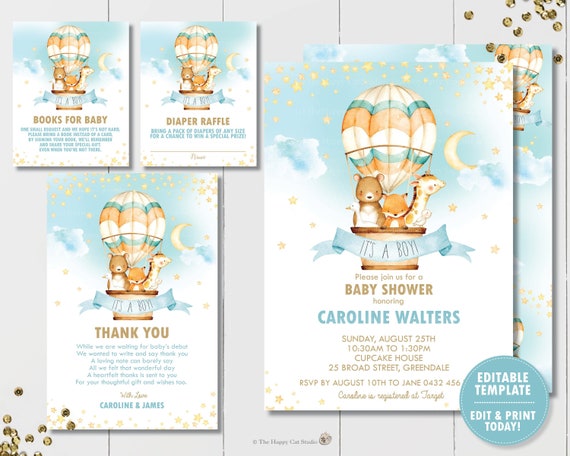 Hot Air Balloon Baby Shower Invitation Bundle Set, Diaper Raffle, Bring ...