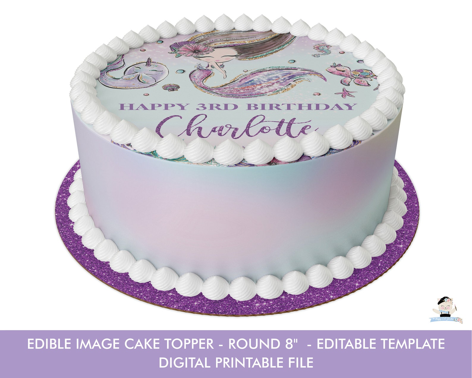 Mermaid Edible Image Round Cake Topper EDITABLE TEMPLATE Baby - Etsy ...