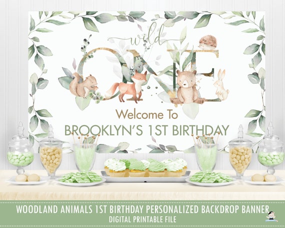 Woodland Animals 1st Birthday Backdrop Banner, Bear Fox Welcome Sign ...
