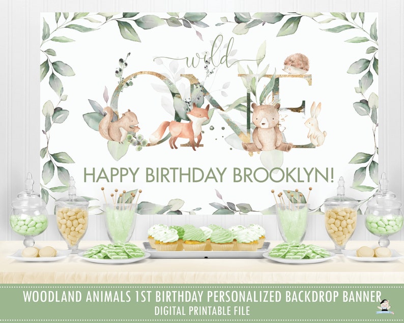 Woodland Animals 1st Birthday Backdrop Banner, Bear Fox Welcome Sign ...