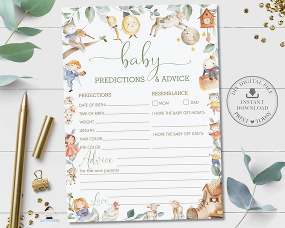 EDITABLE TEMPLATE, Baby Predictions and Advice Card, Nursery Rhyme ...