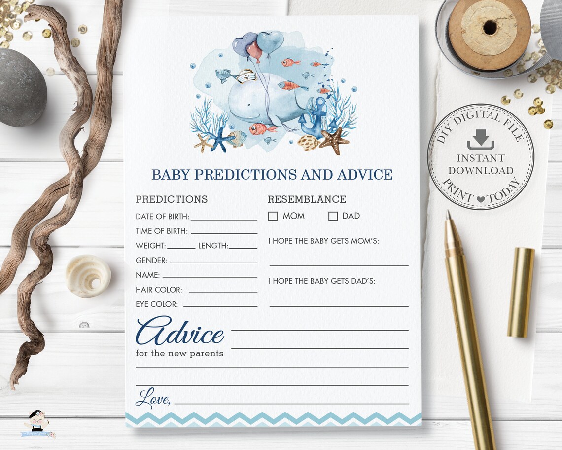 Nautical Whale Baby Shower Game Bundle INSTANT DOWNLOAD Bingo Advice ...