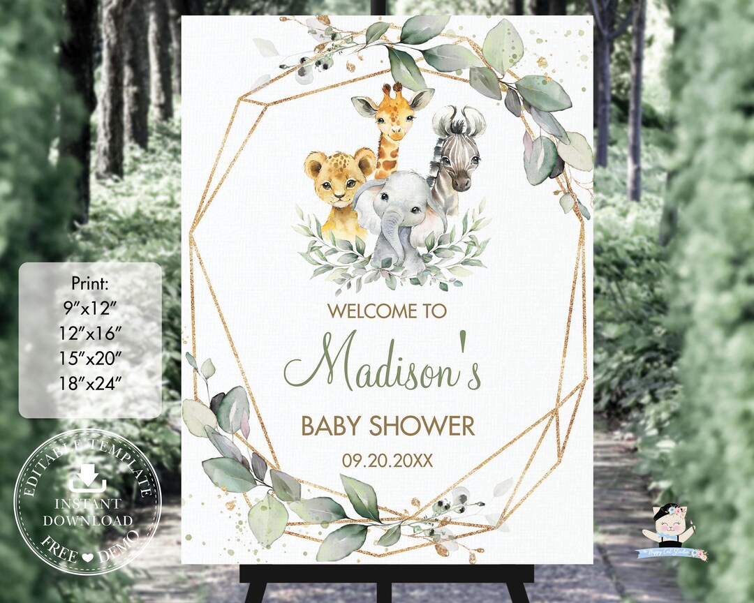 Jungle Animals Greenery Welcome Sign EDITABLE TEMPLATE INSTANT Download ...