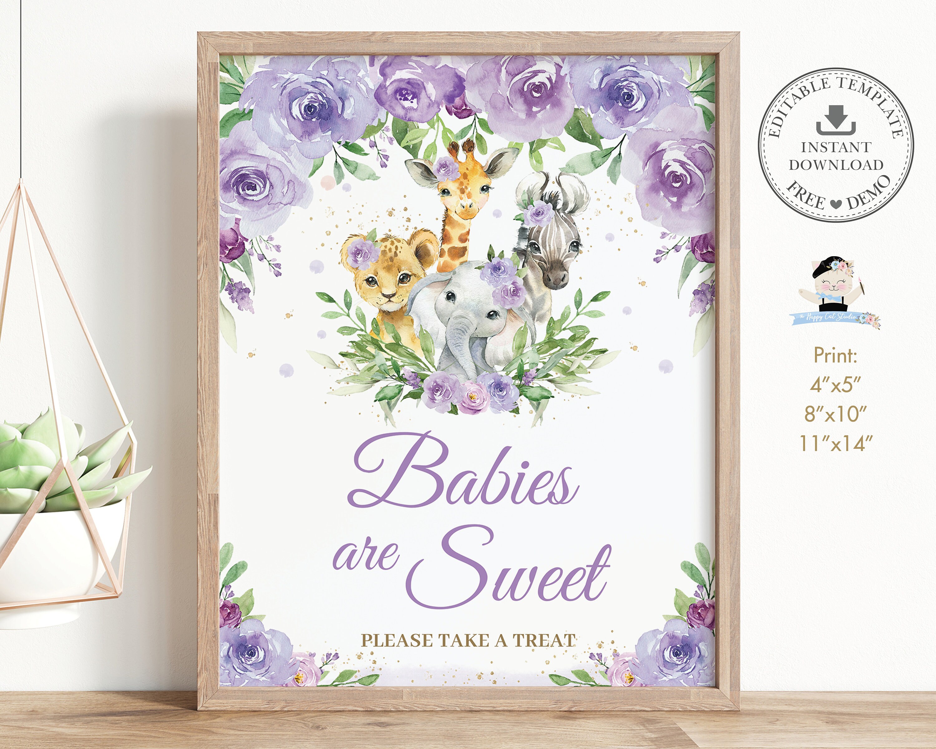 Jungle Animals Tabletop Sign Bundle, EDITABLE TEMPLATE, Purple Floral ...
