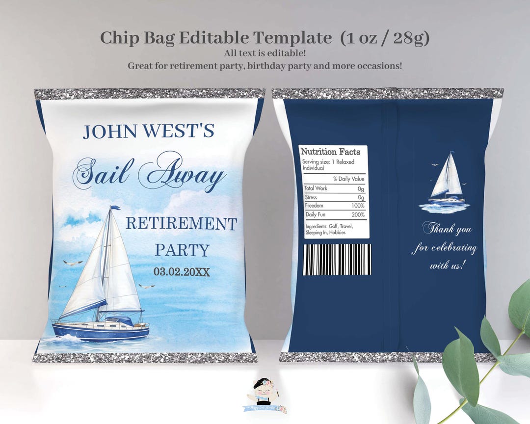 Sail Away Retirement Party Chip Bag, EDITABLE TEMPLATE, Nautical Blue ...