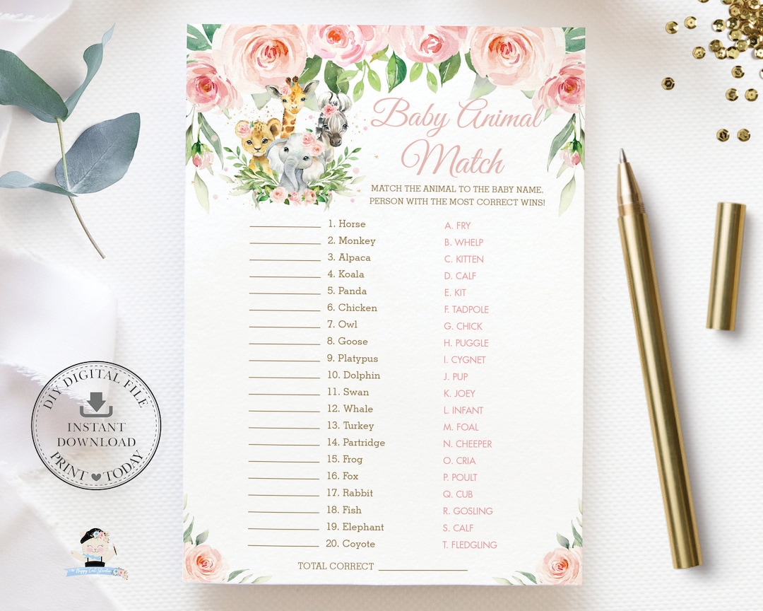 Baby Animal Match Game, INSTANT DOWNLOAD, Pink Floral Jungle Animals ...