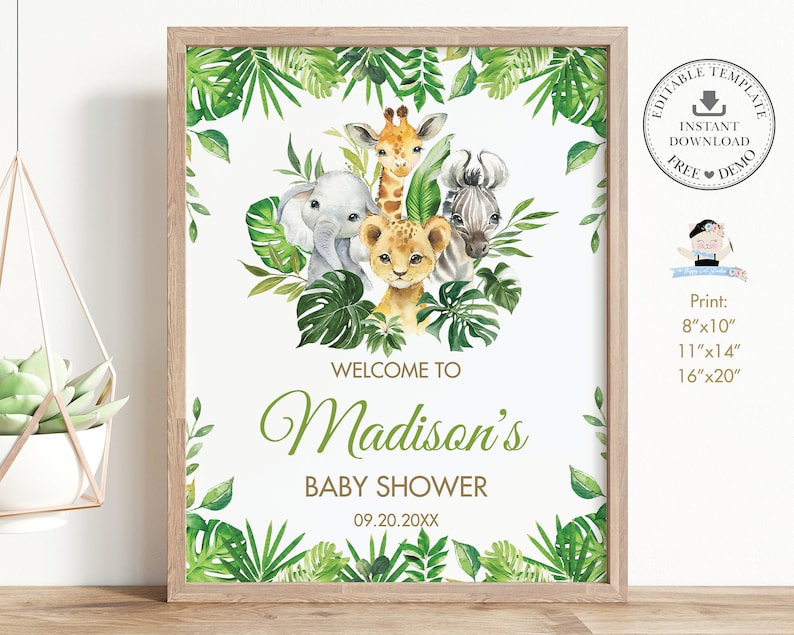 Jungle Animals Welcome Sign EDITABLE TEMPLATE Diy Greenery | Etsy