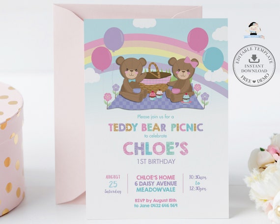 Teddy Bear Picnic Invitation, EDITABLE TEMPLATE, Teddy Bears Picnic ...