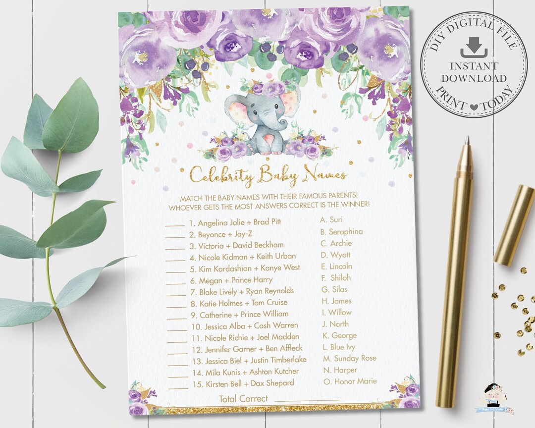 Fun Celebrity Baby Names Game, INSTANT DOWNLOAD, Chic Purple Floral ...
