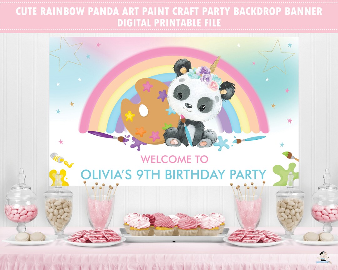 Cute Panda Backdrop Banner, Pandacorn Rainbow Art Craft Paint Draw ...