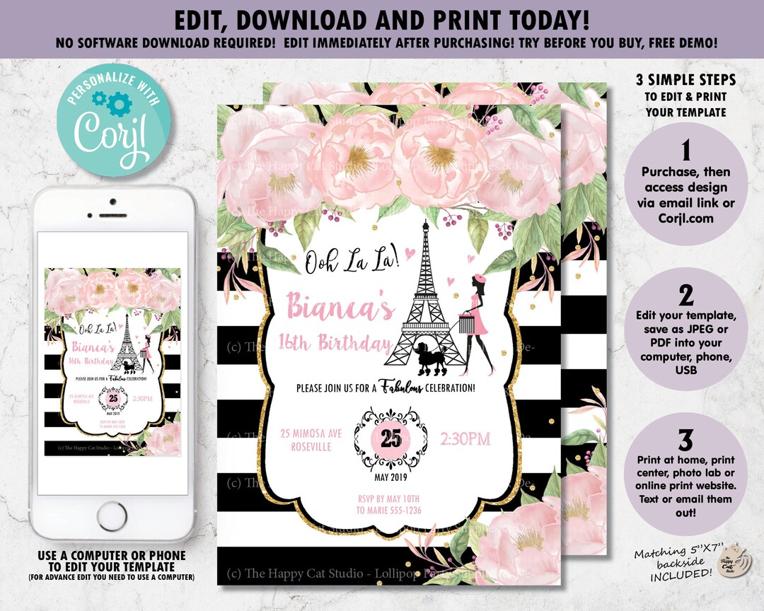 Paris Invitation, Paris Birthday Invite Instant Download, Paris Floral ...