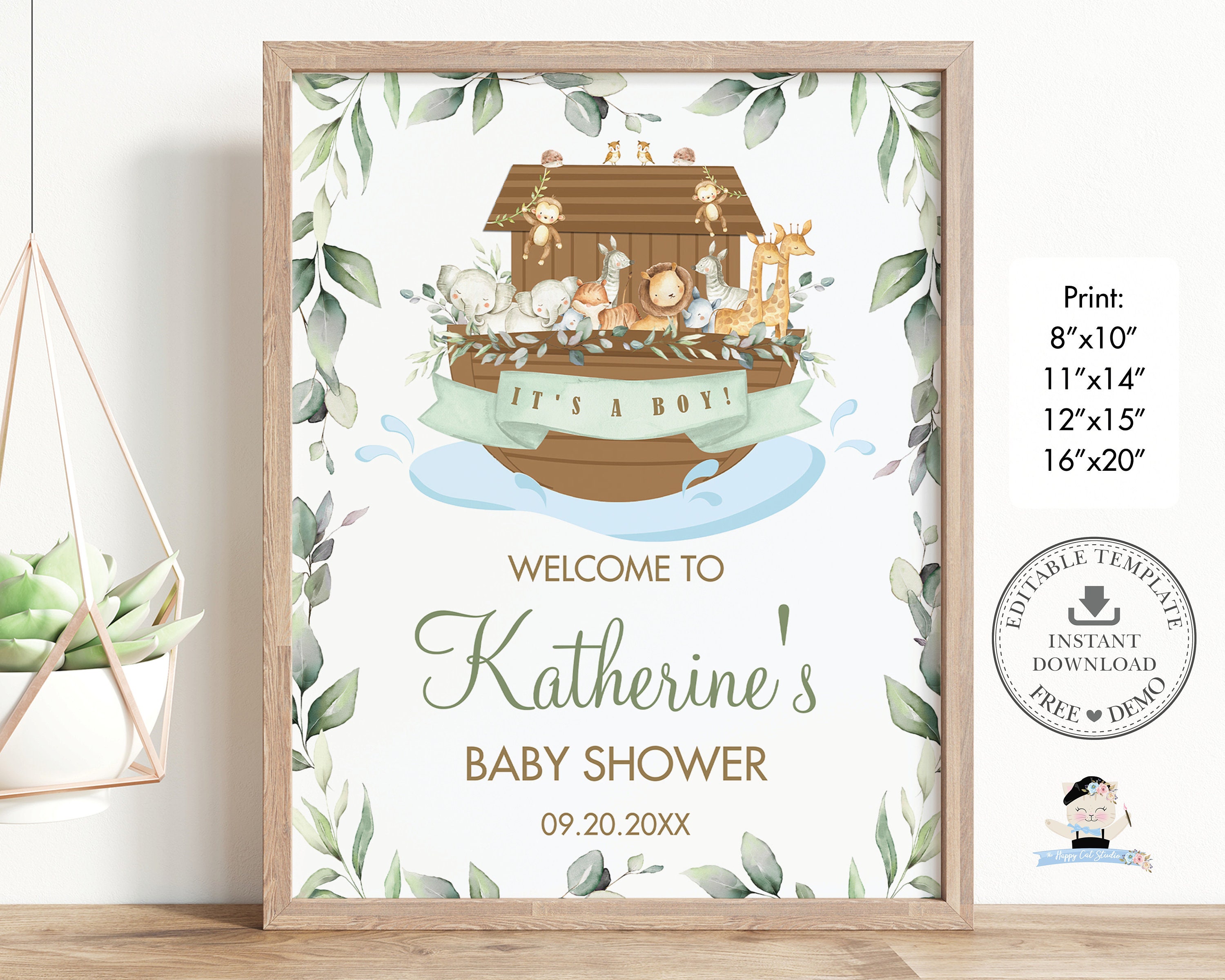 Noah's Ark Welcome Sign EDITABLE TEMPLATE, Greenery Noahs Cute Animals ...